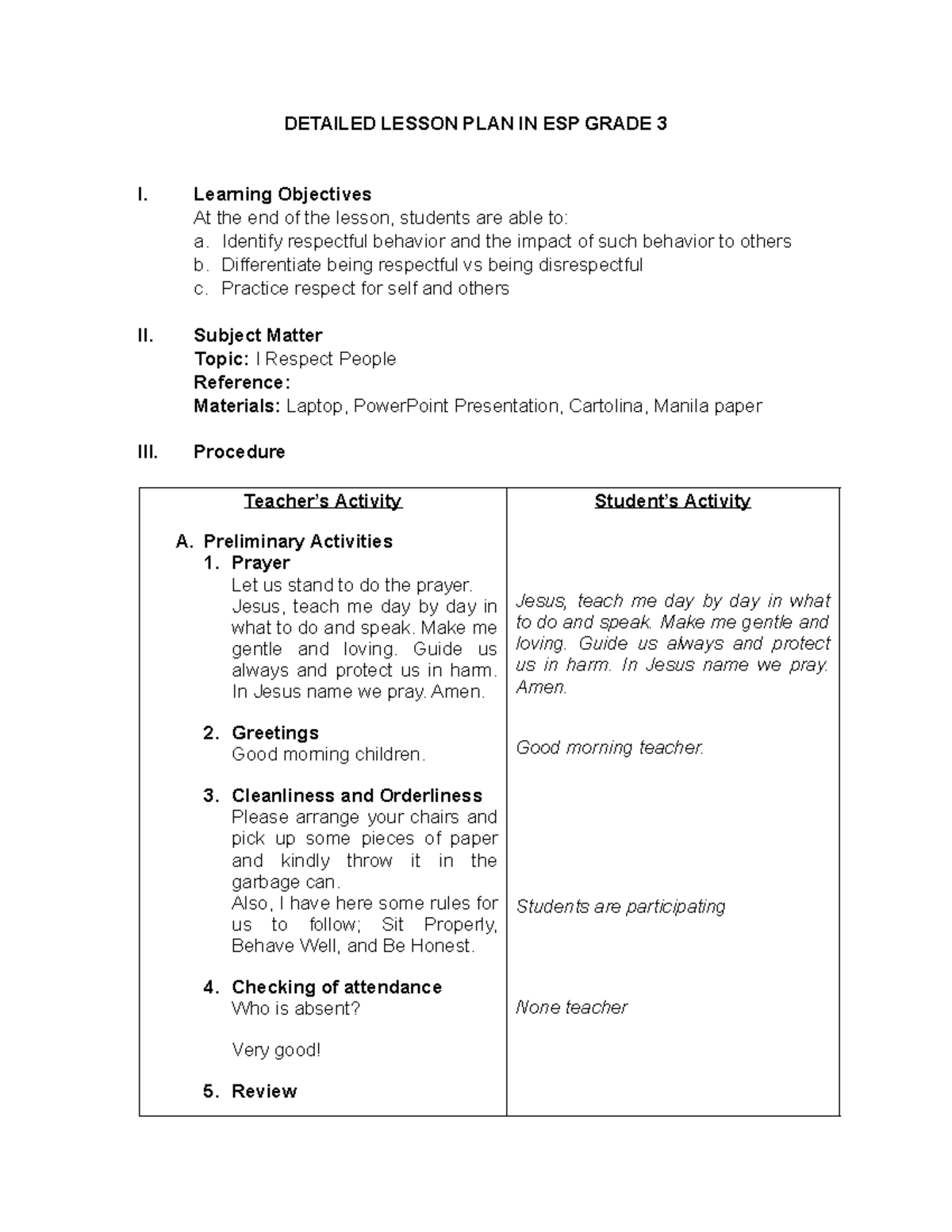 Detailed Lesson Plan in ESP 3: Understanding Respect - Studocu