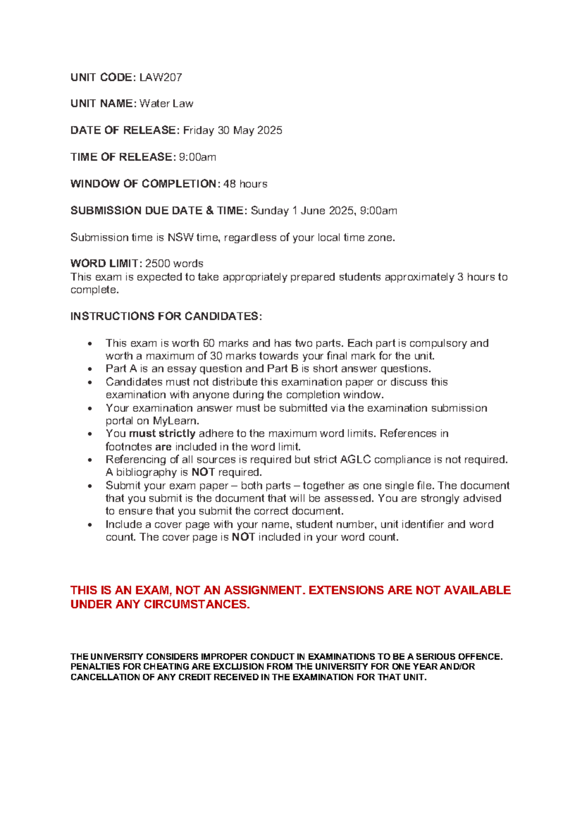 LAW207 - Water Law Take Home Exam Instructions 2025 - Studocu