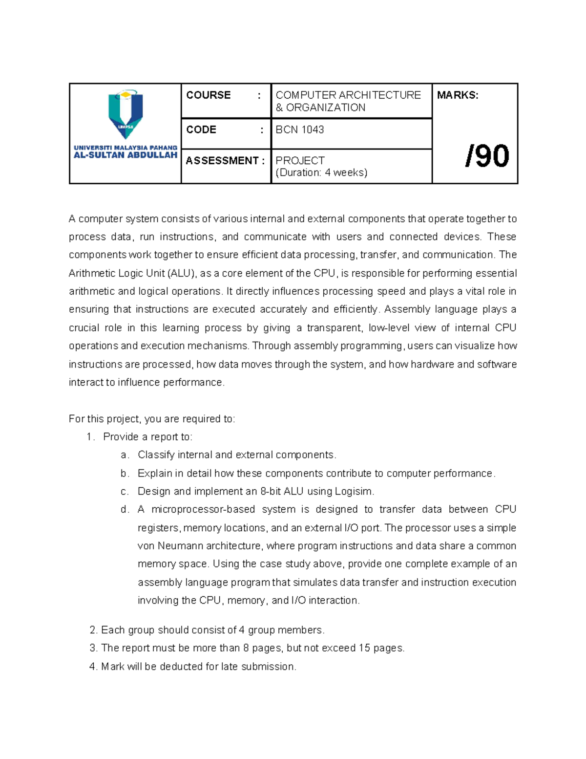BCN 1043 Project: Computer Architecture & ALU Design Report - Studocu