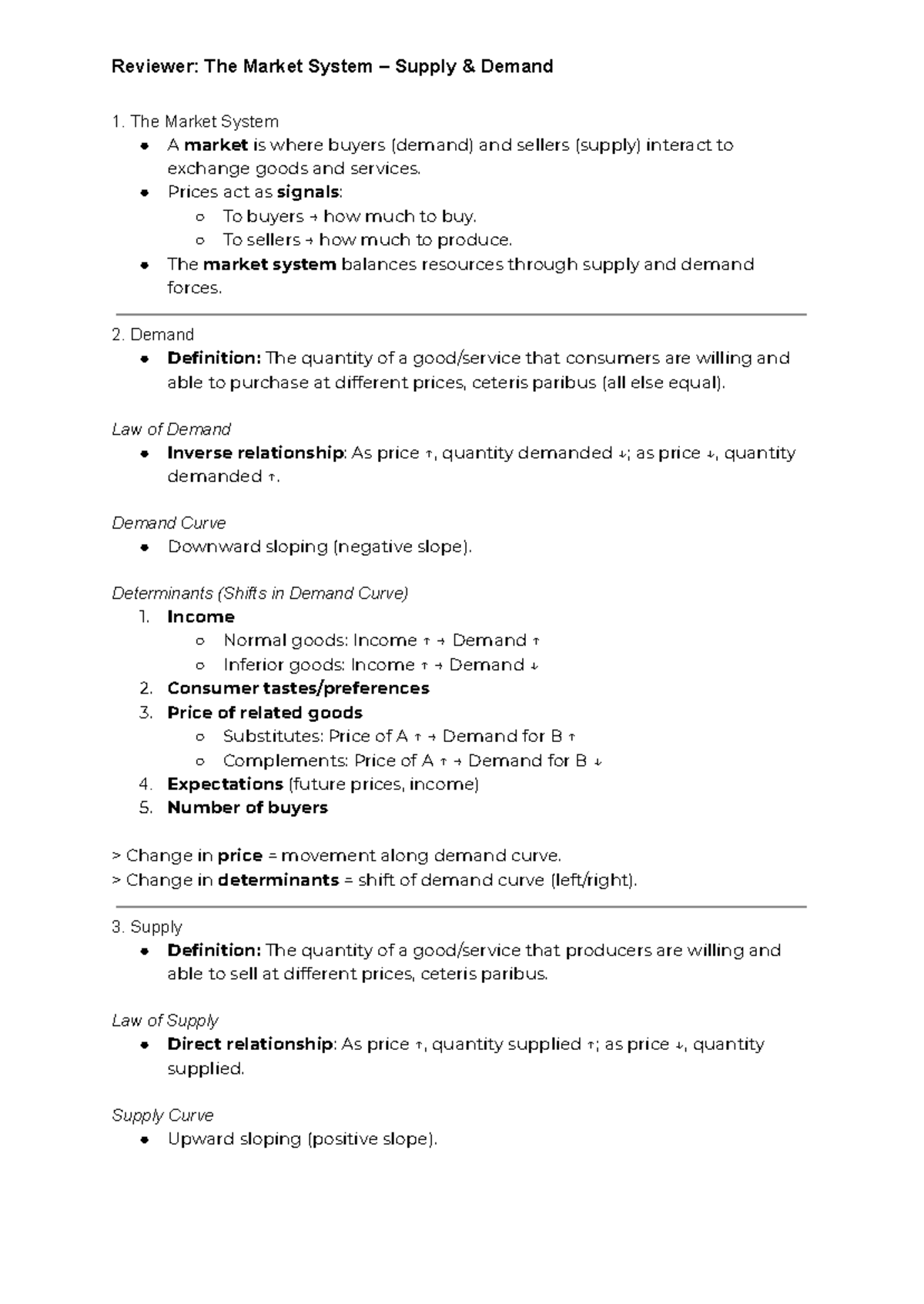 Microeconomics: Market System Supply and Demand Overview - Studocu