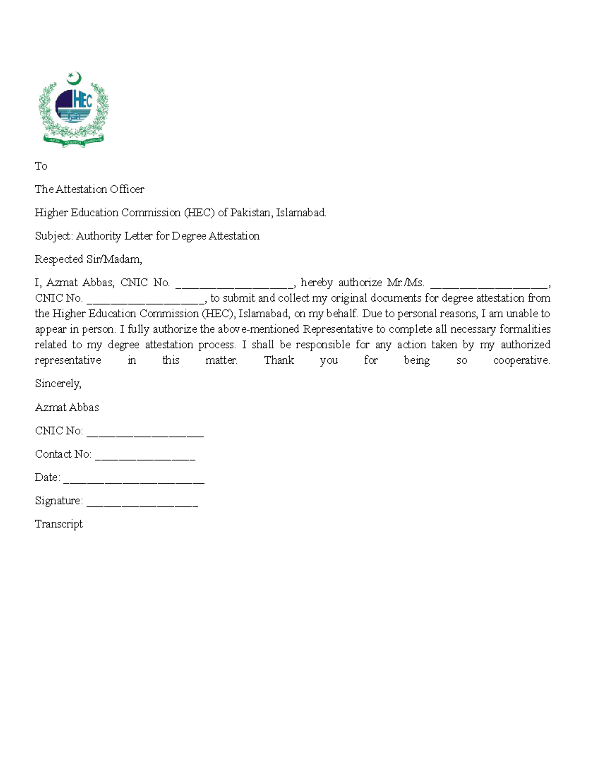 Authority Letter for Degree Attestation - HEC Pakistan - Studocu