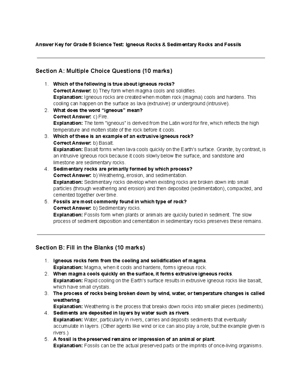Grade 5 Science Test Answer Key: Igneous & Sedimentary Rocks - Studocu