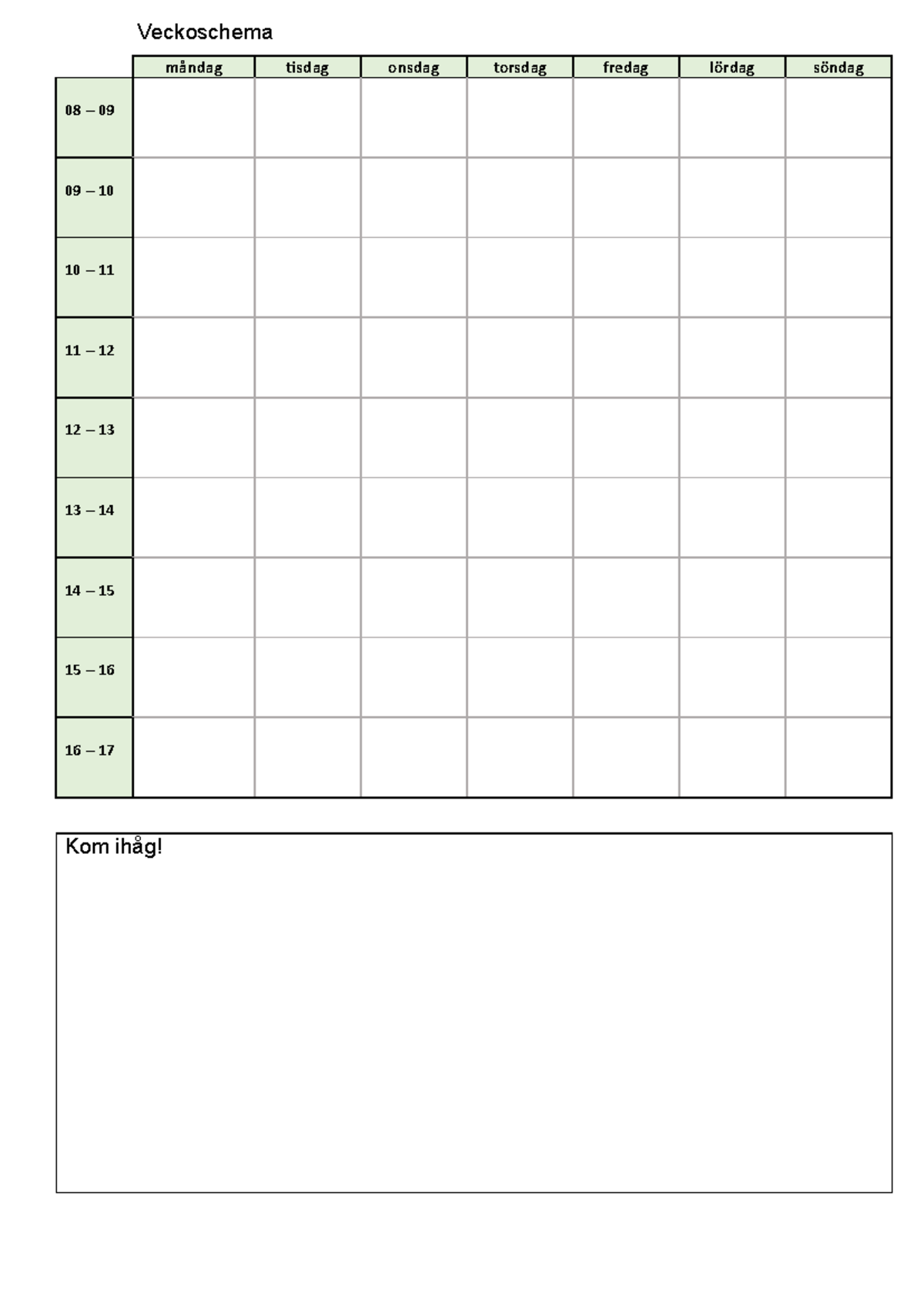 Veckoschema 8 17 kom ihag - JU111A - måndag tisdag onsdag torsdag ...