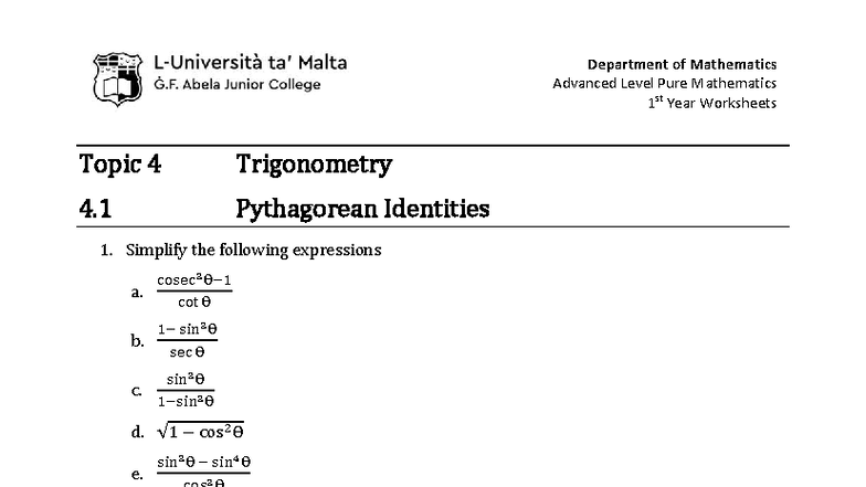 Math 1st Year: Trigonometry - Pythagorean Identities Worksheets - Studocu