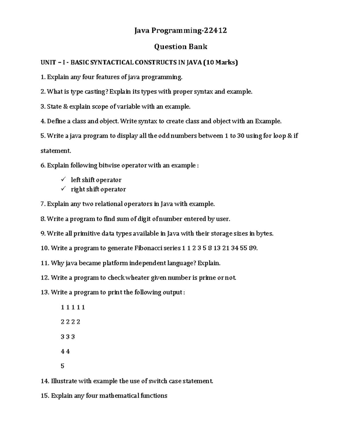 Java programming question bank - Java Programming- Question Bank UNIT ...