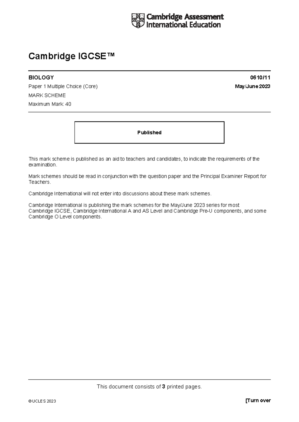 Cambridge IGCSE BIOLOGY 0610 Paper 1 MCQ Mark Scheme 2023 - Studocu