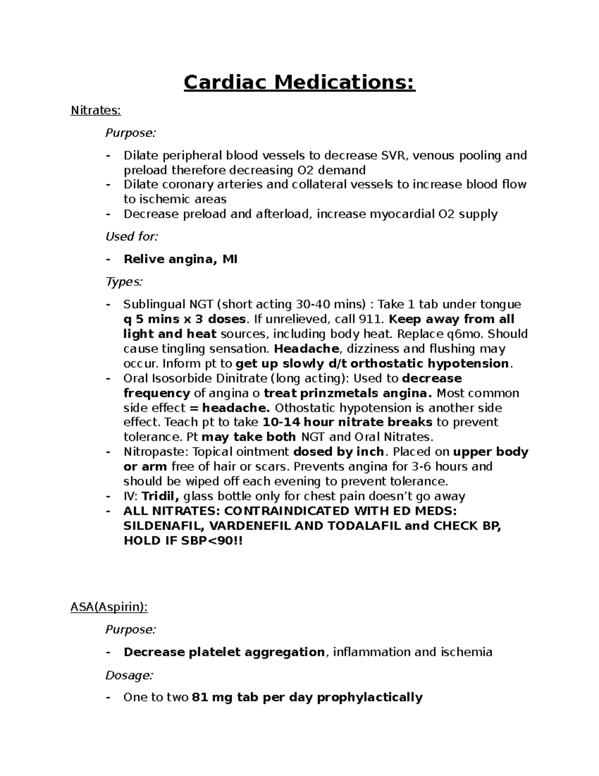 Cardiac Medications Overview: Types, Uses, and Considerations - Studocu