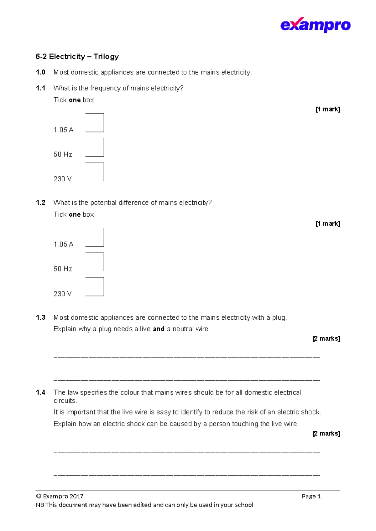 Physics Trilogy: Electricity Exam Questions and Answers - Studocu