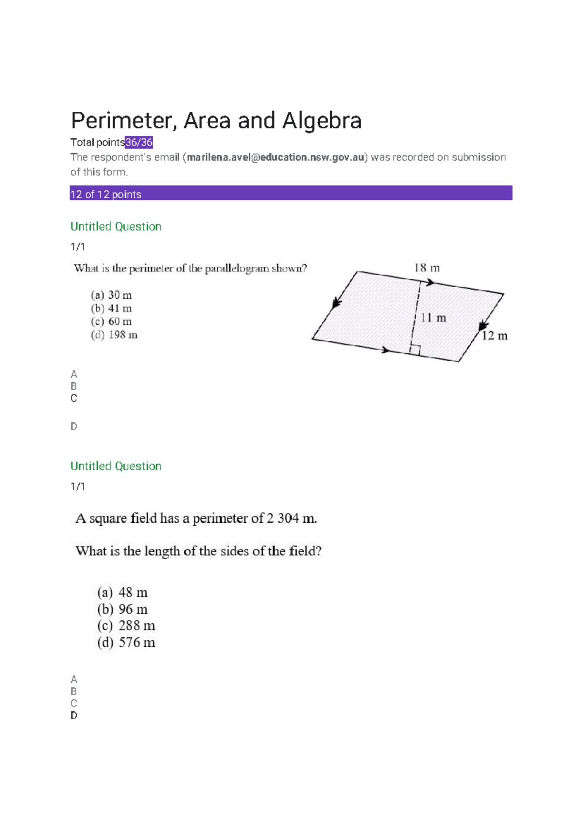 Year 7 Maths Assessment Test Term 3: Perimeter, Area & Algebra - Studocu
