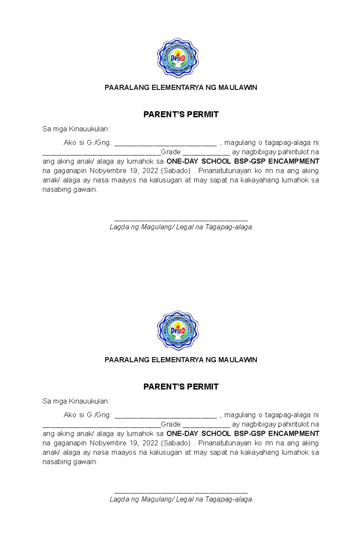 BSP-GSP Parent's Permit for One-Day School Encampment 2022 - Studocu