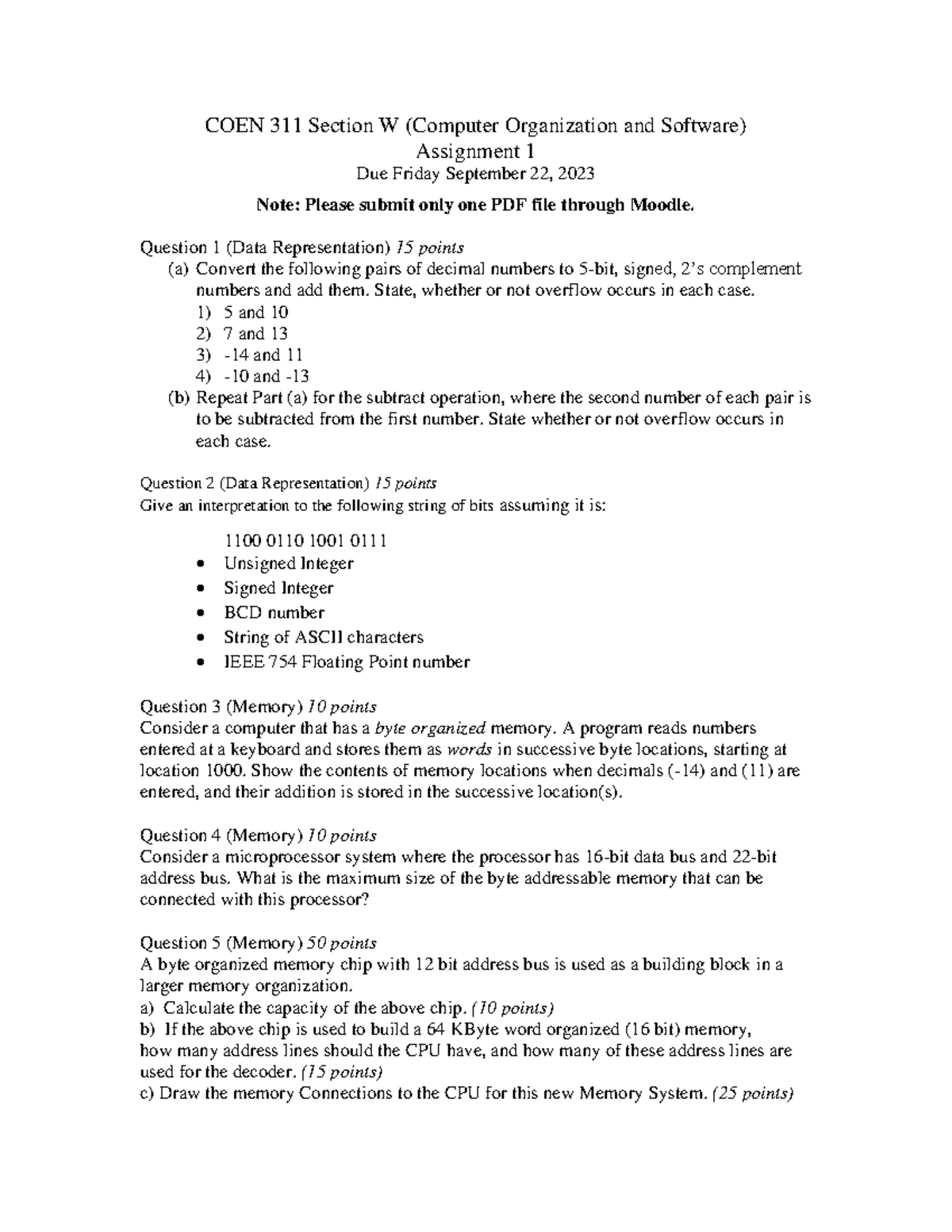 COEN 311 W: Assignment 1 - Data Representation and Memory Concepts ...