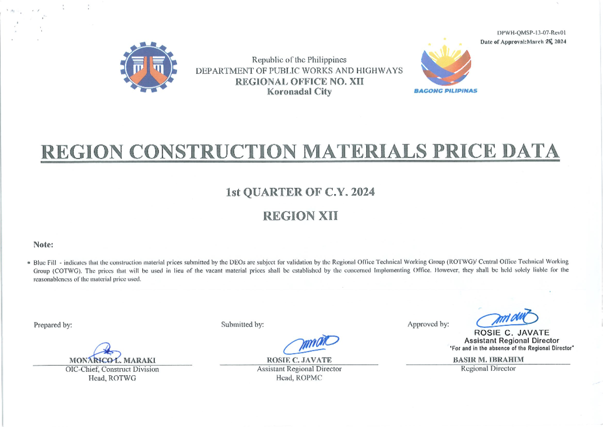 Region XII Construction Materials Price Data - 1st Quarter 2024 - Studocu