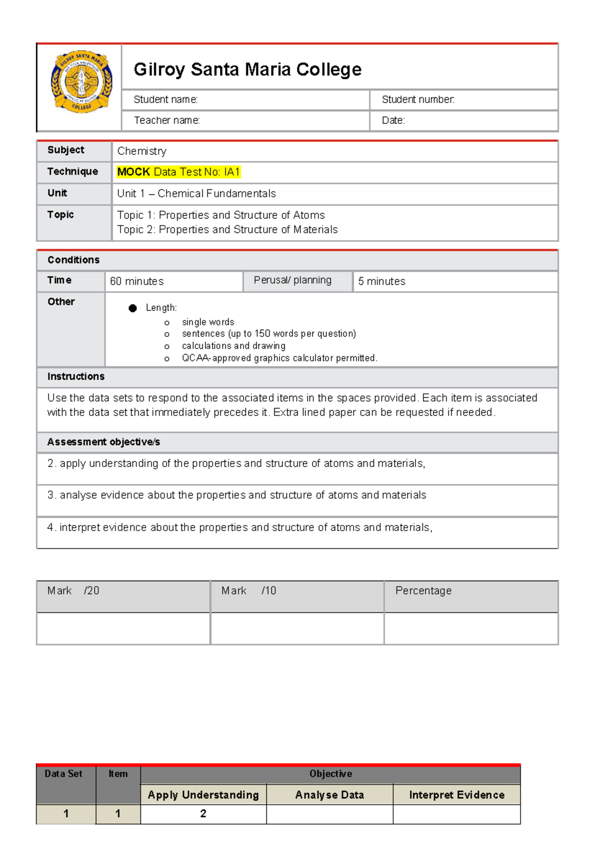Chemistry IA1 MOCK Data Test: Properties & Structure of Atoms ...