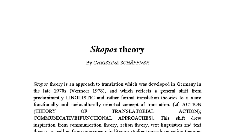 Skopos Theory: A Functional Approach to Translation Studies - Studocu