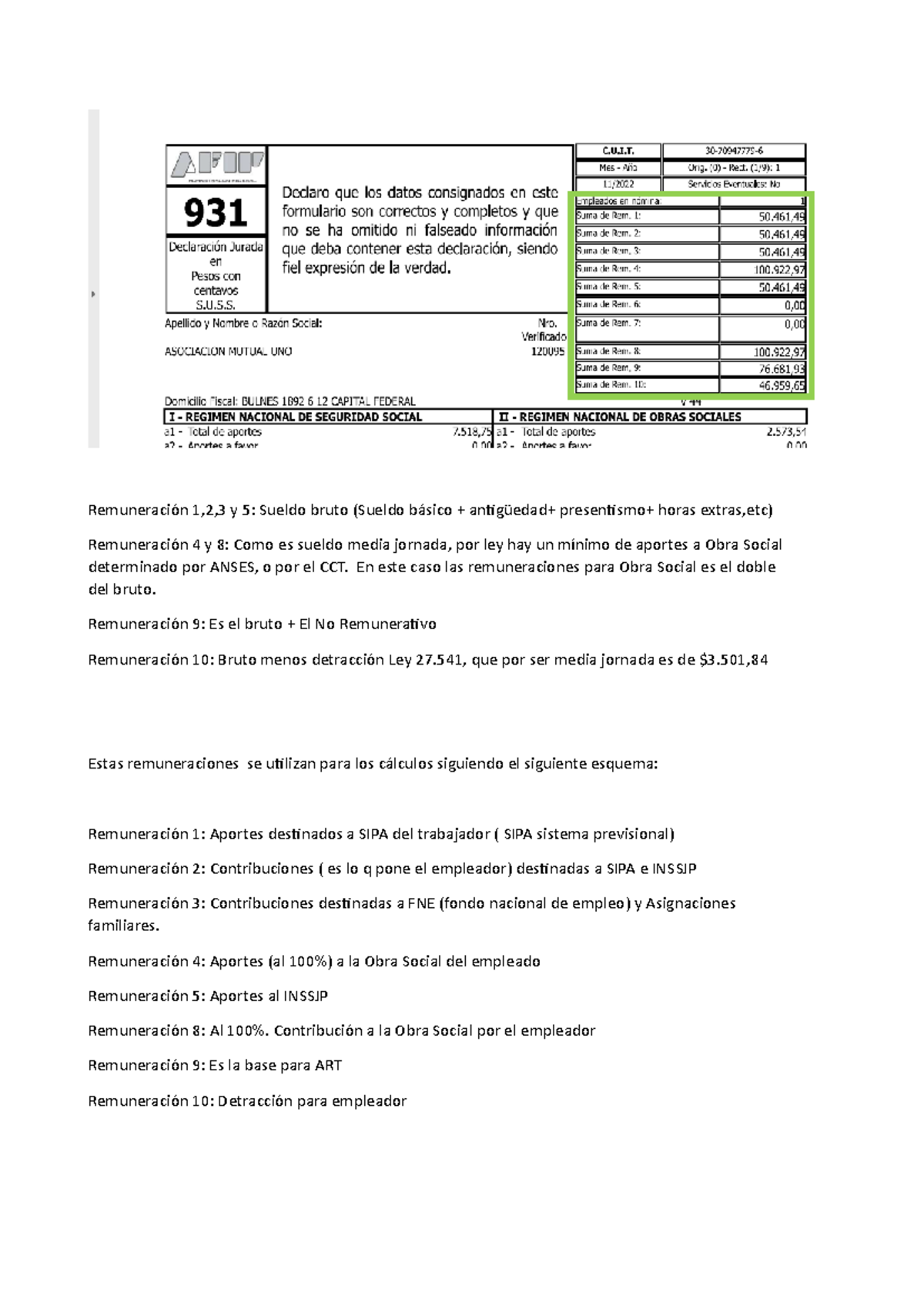 Detalles sobre la Remuneración y Aportes en el F931 - Studocu