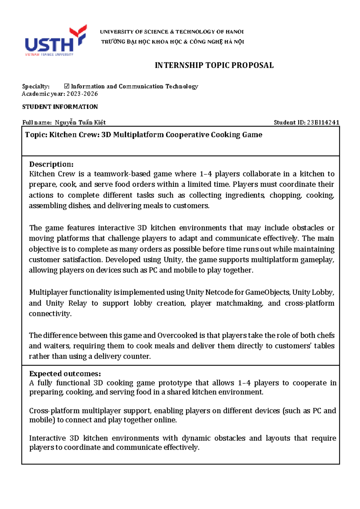 Internship Proposal: Kitchen Crew 3D Cooking Game (ICT 2023) - Studocu