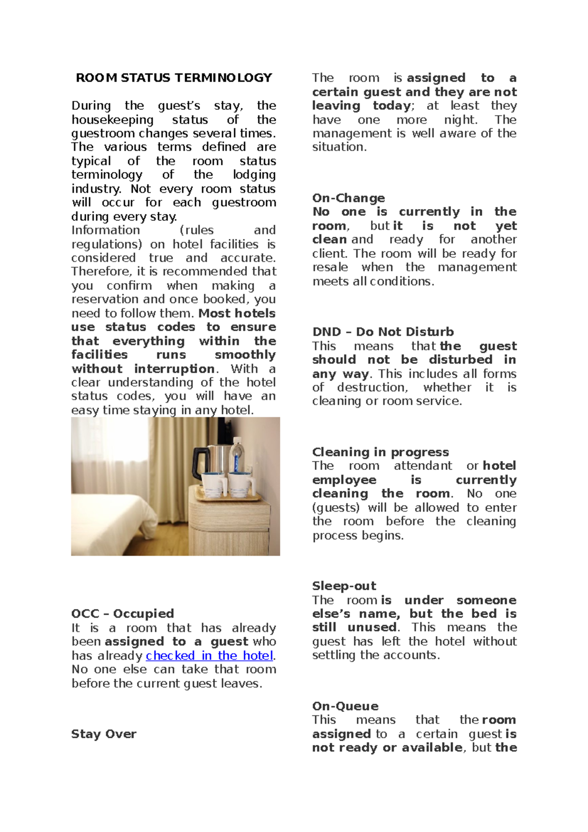 ROOM Status Terminology for Hospitality Management (HM101) - Studocu