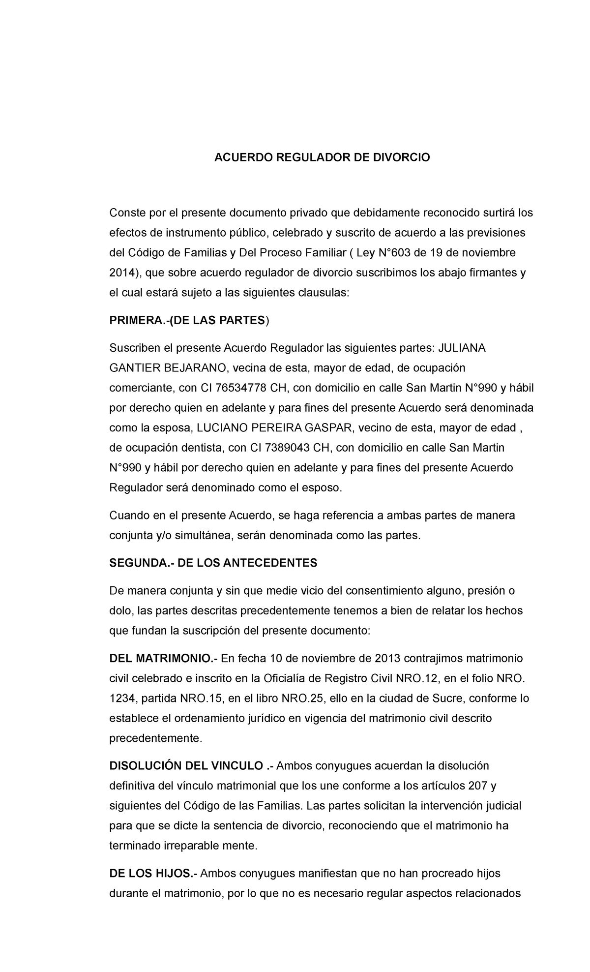 Modelo 1 - Este es un acuerdo regulador de divorcio, un documento que ...
