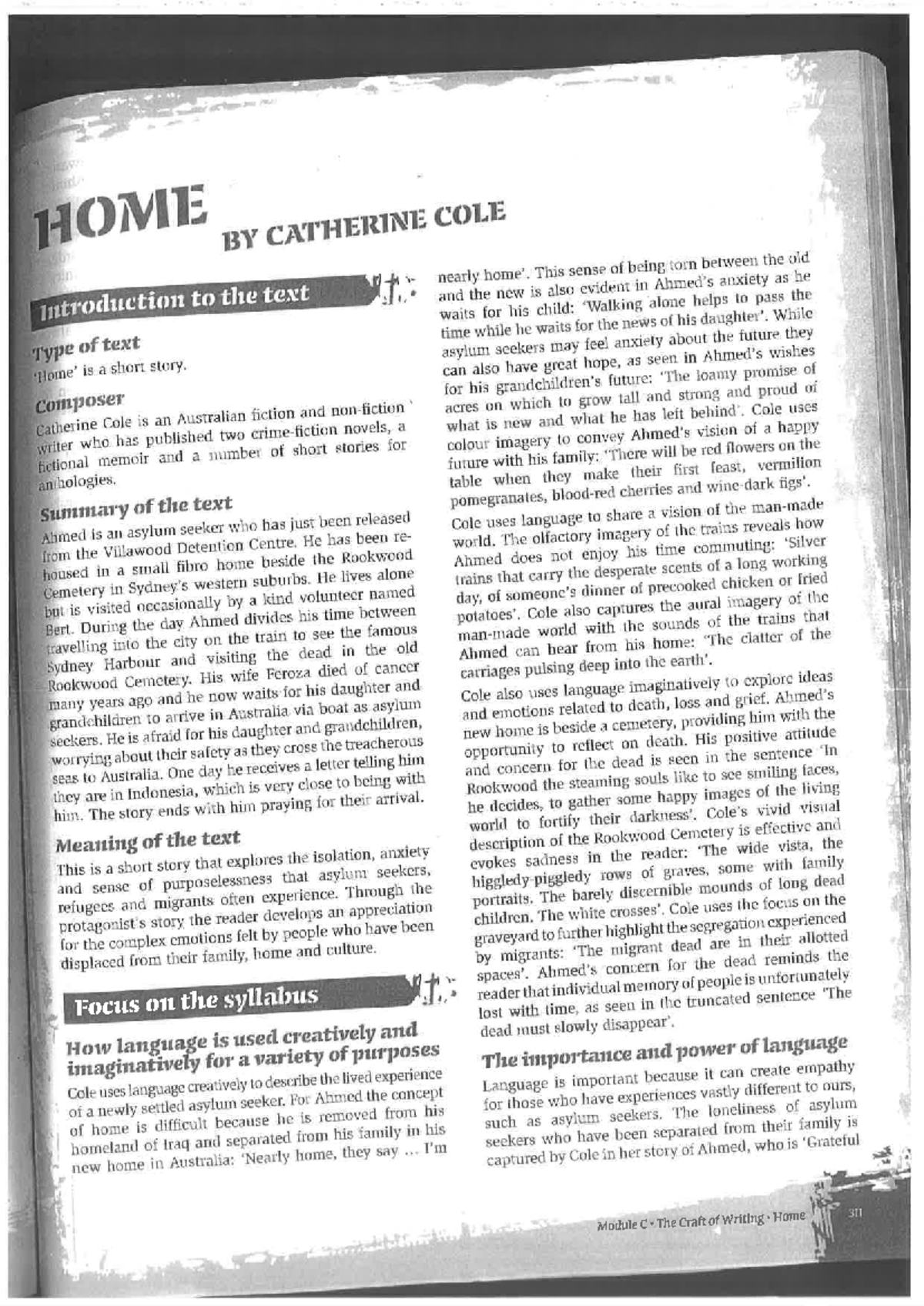 Module C: The Craft of Writing - 'Home' by Catherine Cole Summary Notes ...