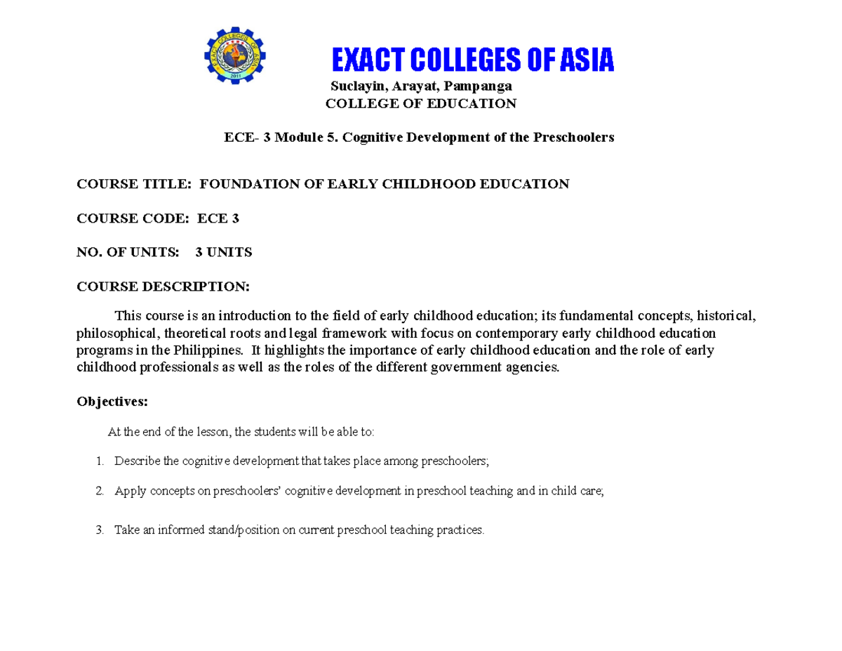ECE 3 Module 5: Exploring Cognitive Development in Preschoolers - Studocu