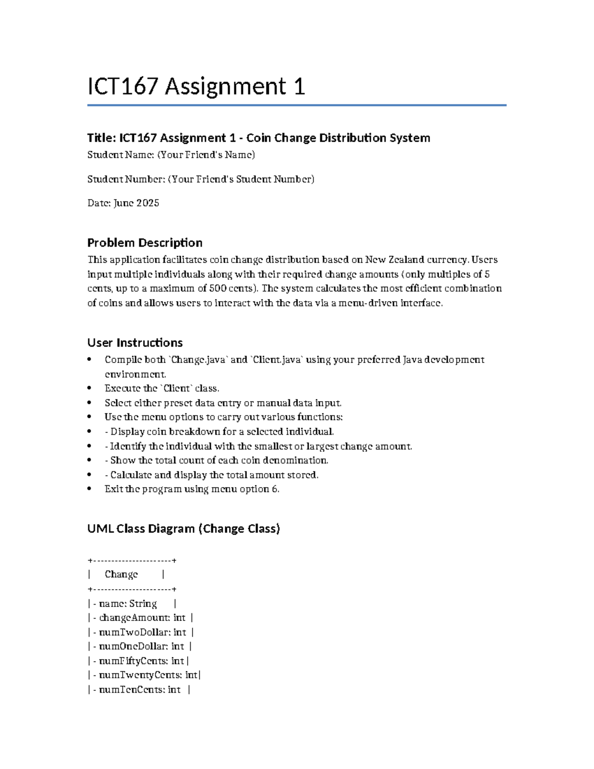 ICT167 Assignment 1: Coin Change Distribution System Guide - Studocu