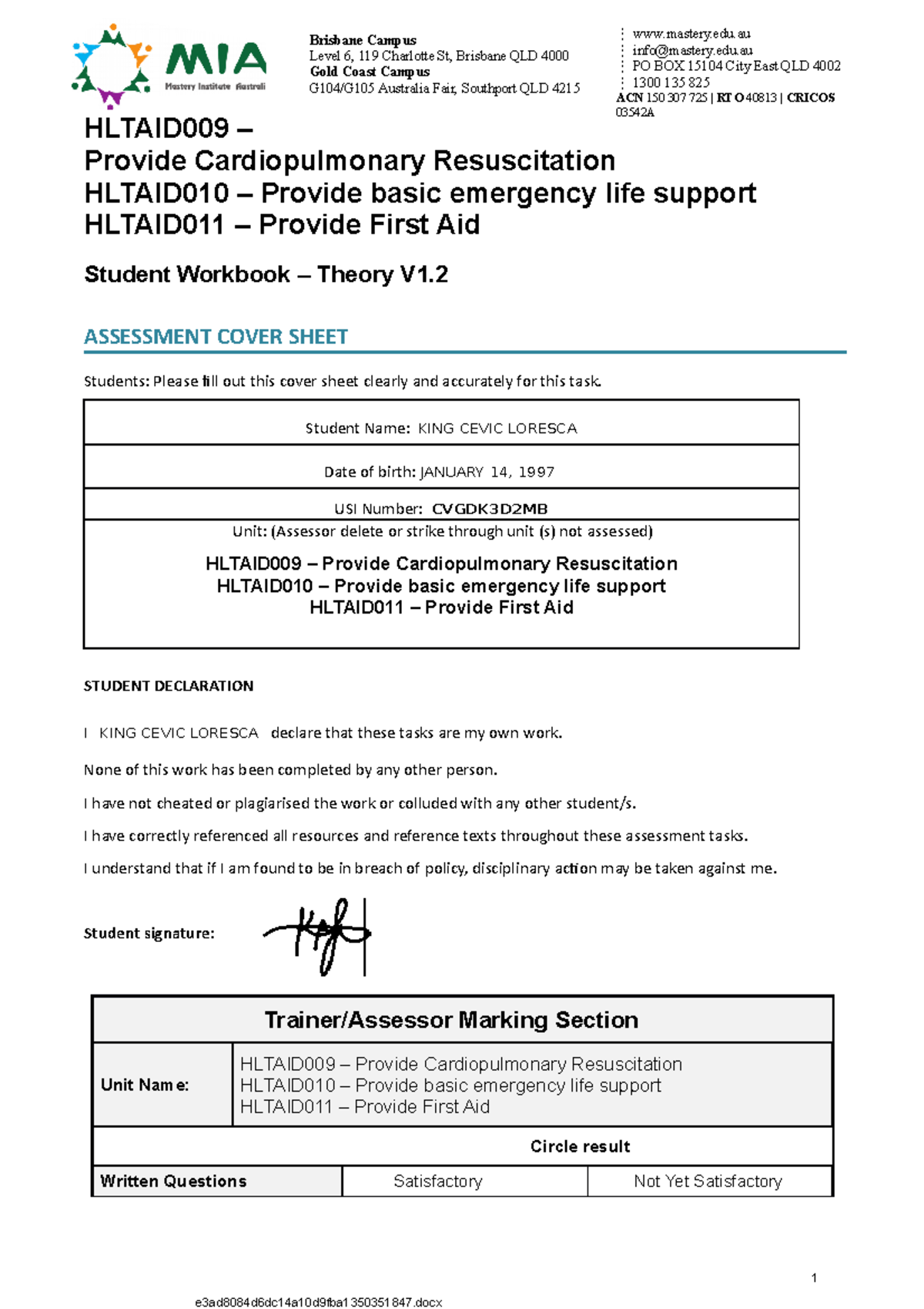 HLTAID009/010/011 Theory Assessment Workbook - Version 1 - Studocu