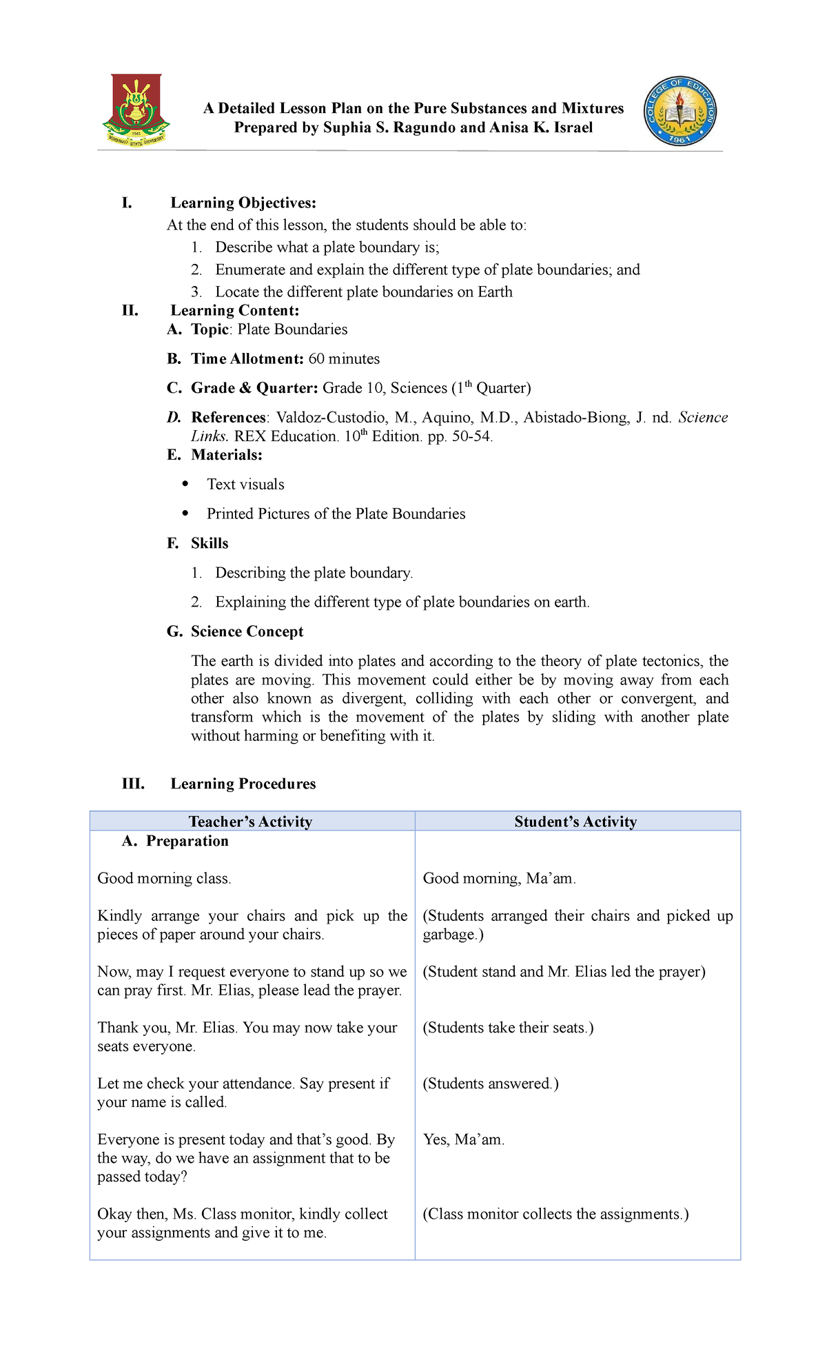 Grade 10 Science Lesson Plan on Plate Boundaries (1st Quarter) - Studocu