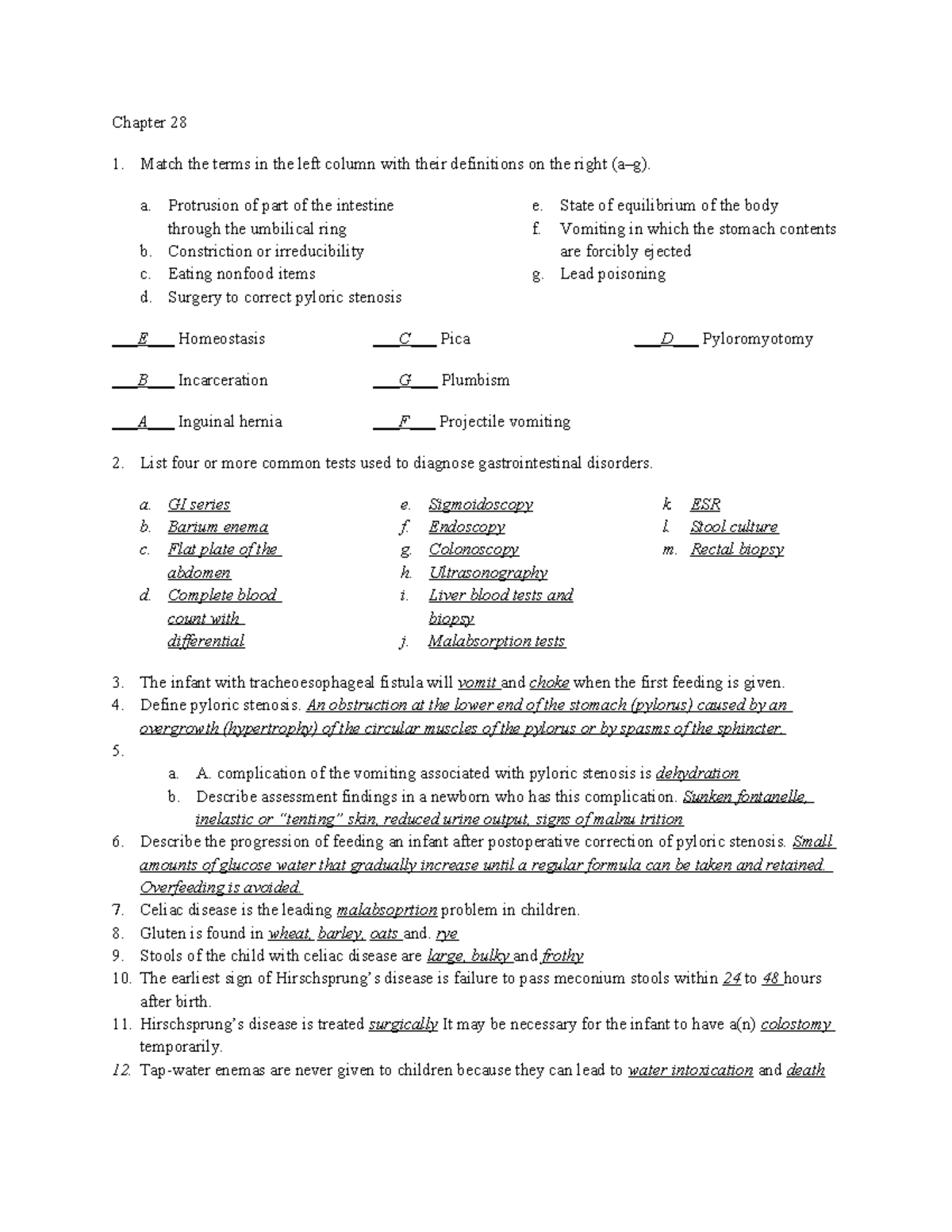 Chapter 28 Worksheet: Gastrointestinal Disorders and Nursing Care - Studocu