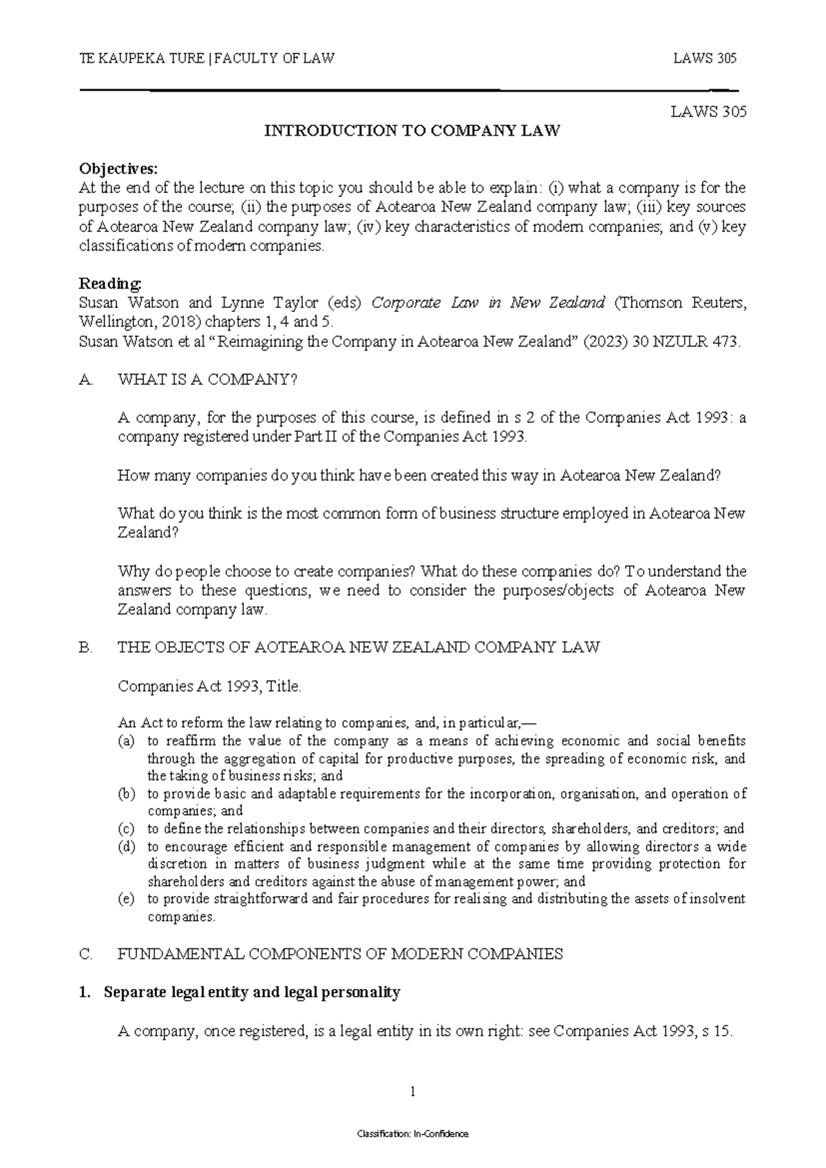 LAWS 305 Introduction to Company Law Lecture Notes - Studocu