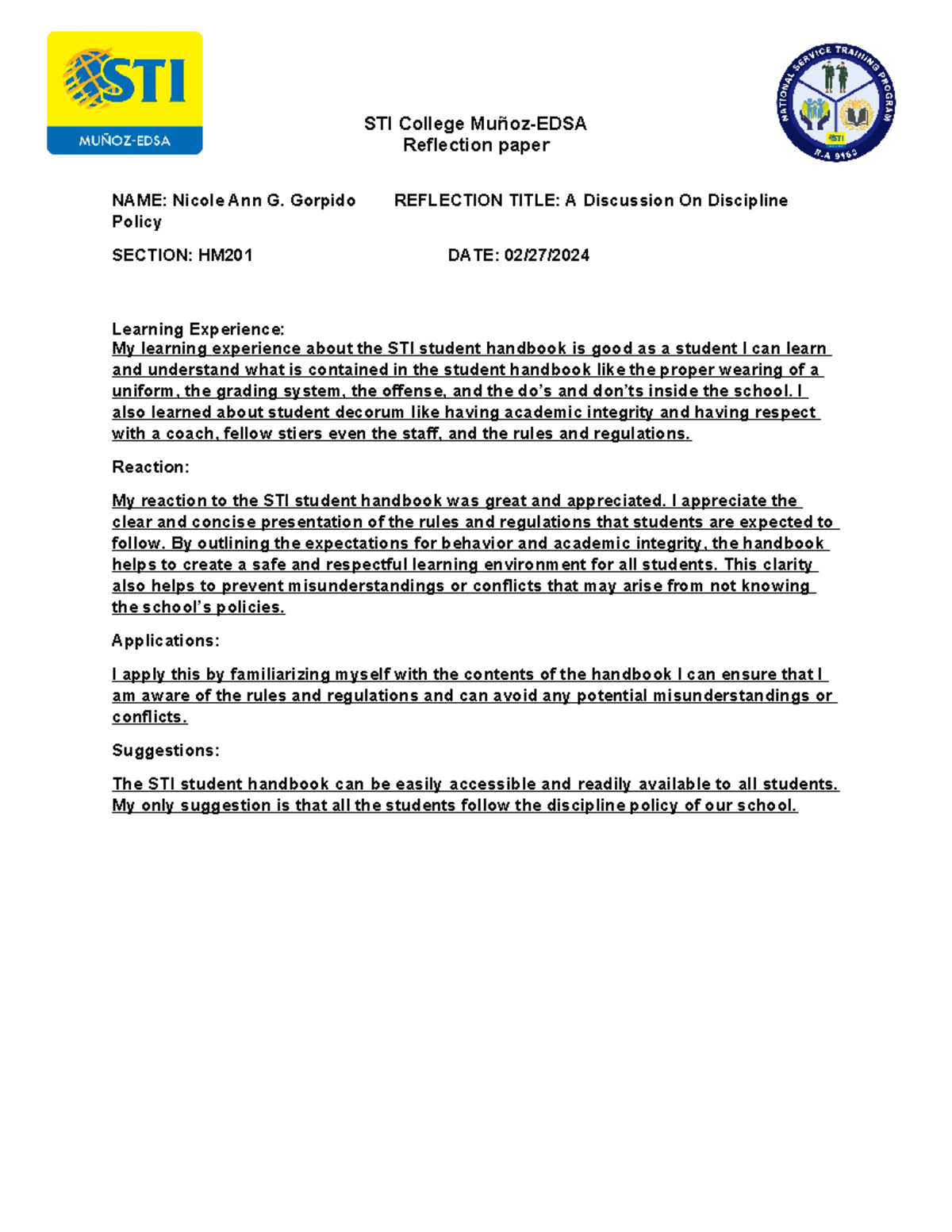 NSTP Reflection Paper on Discipline Policy - HM201 - Studocu