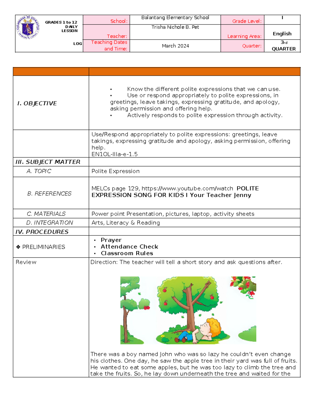 English Lesson Plan: Polite Expressions - Gr. 1 - 3rd Quarter - Studocu
