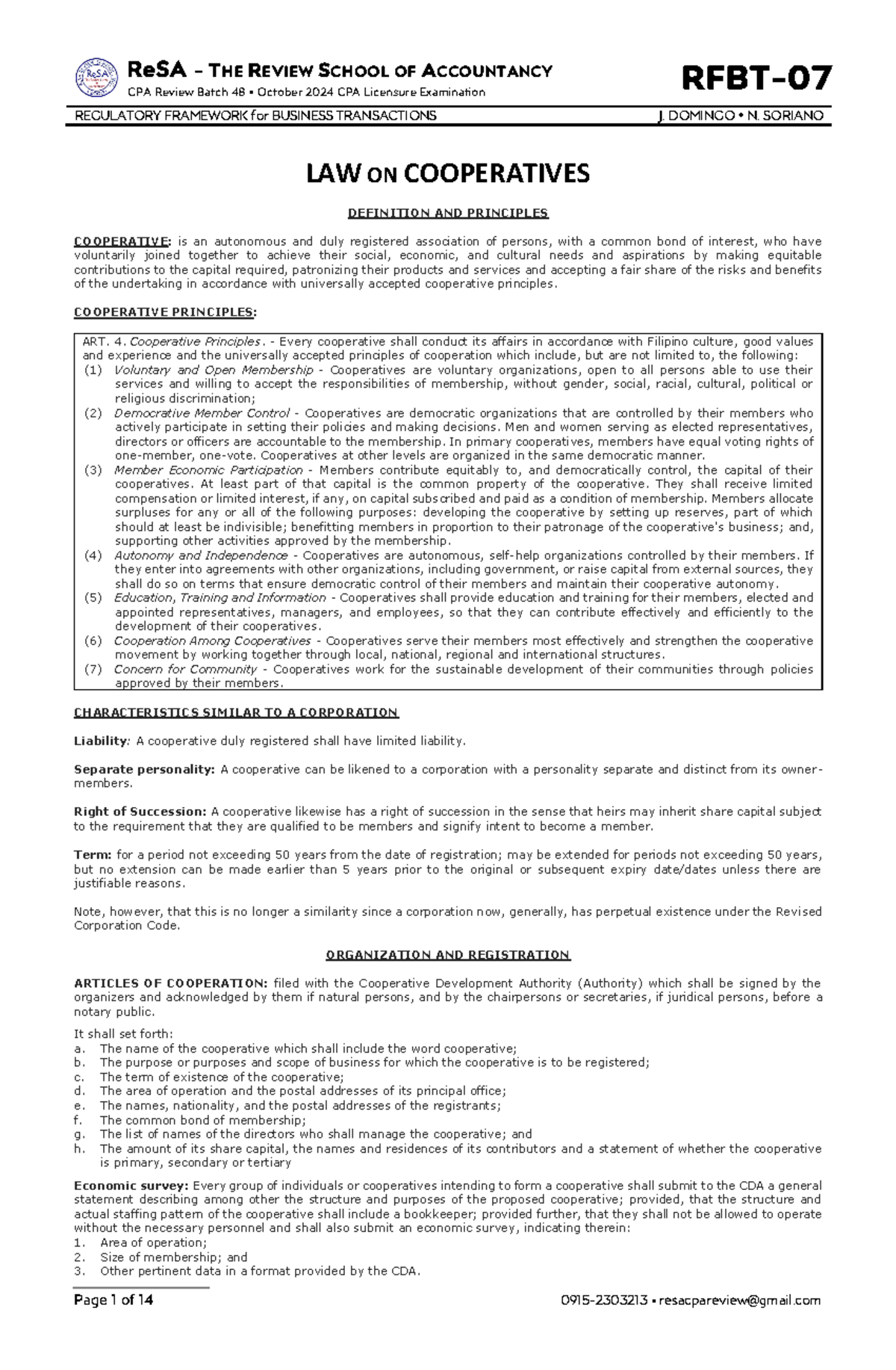 RFBT-07 (Cooperatives) - ReSA - THE REVIEW SCHOOL OF ACCOUNTANCY CPA Review Batch 4 8 October ...