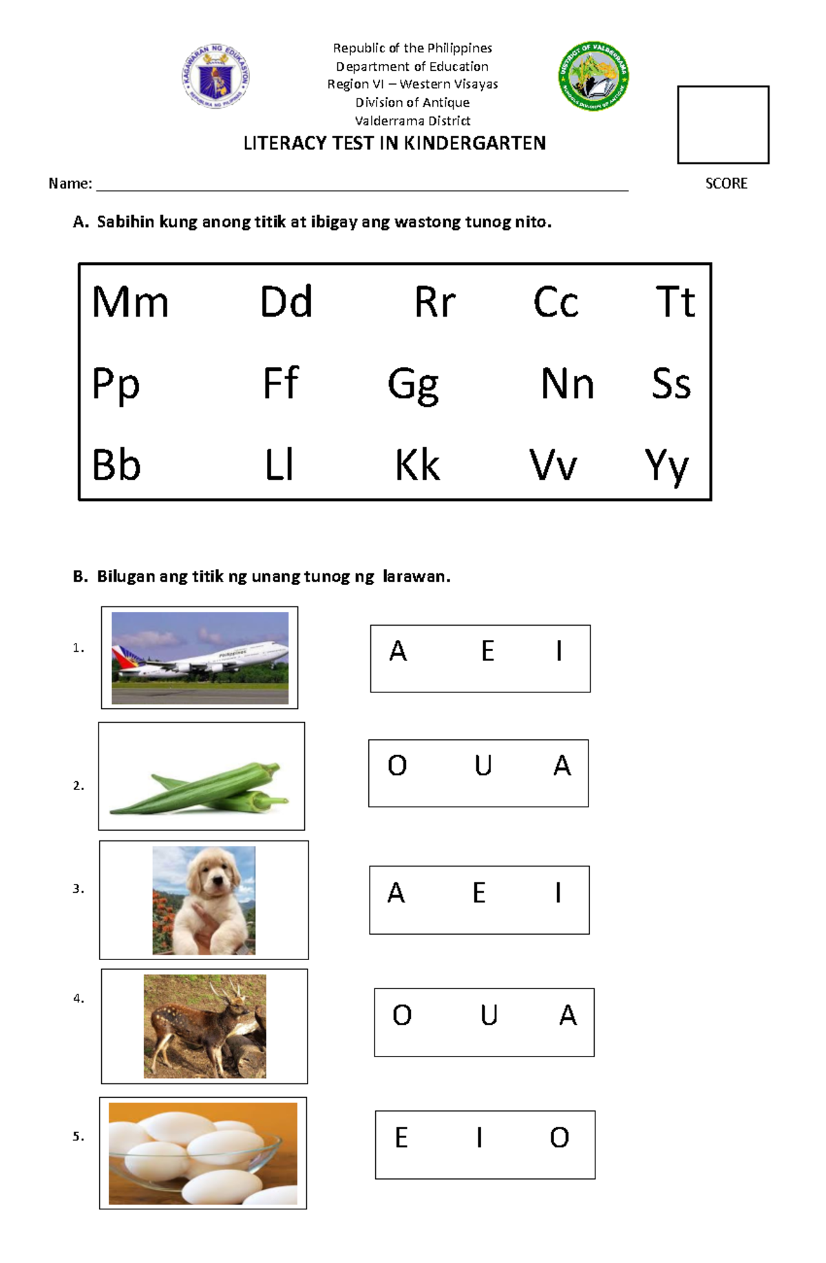 Literacy Test in kinder- Filipino - Republic of the Philippines ...