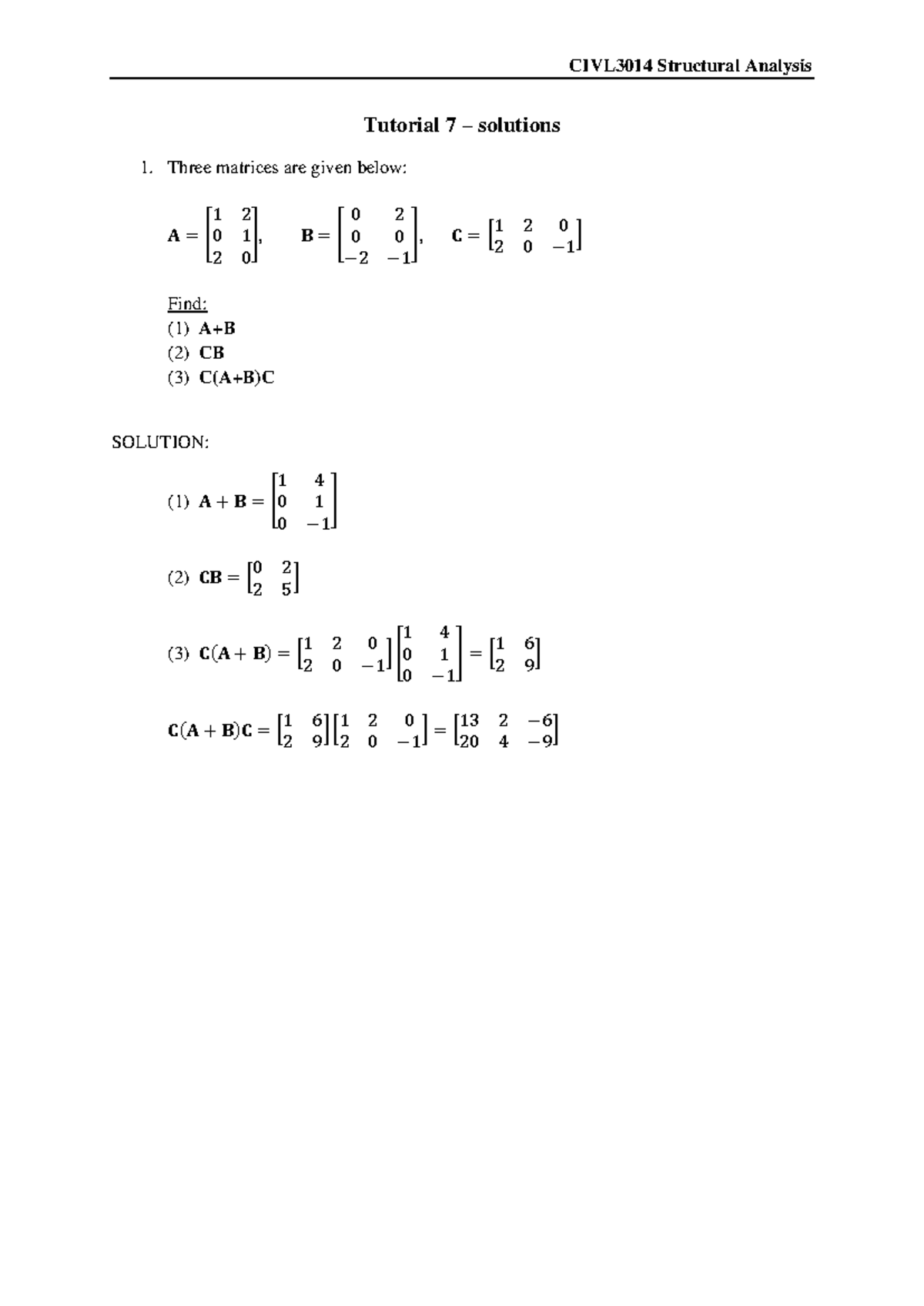 CIVL3014 Structural Analysis Tutorial 7 Solutions - Studocu