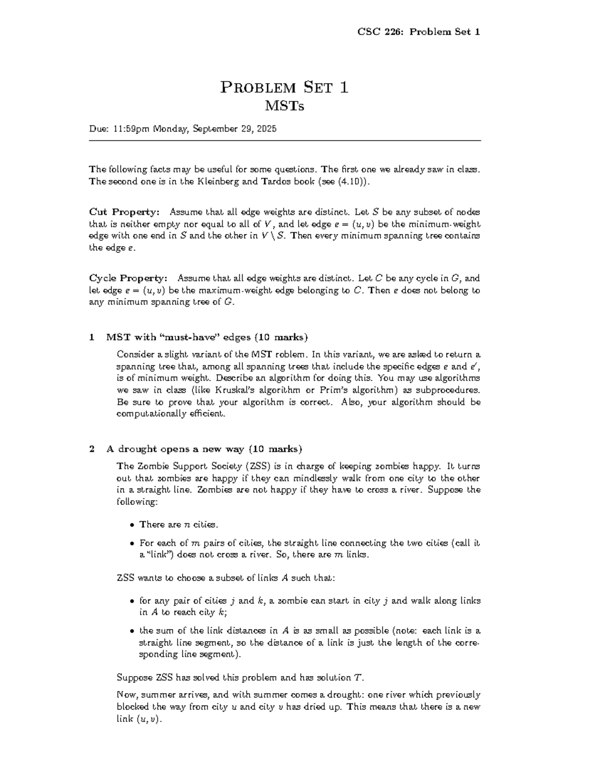 CSC 226: Problem Set 1 - Minimum Spanning Trees & Zombie Links - Studocu