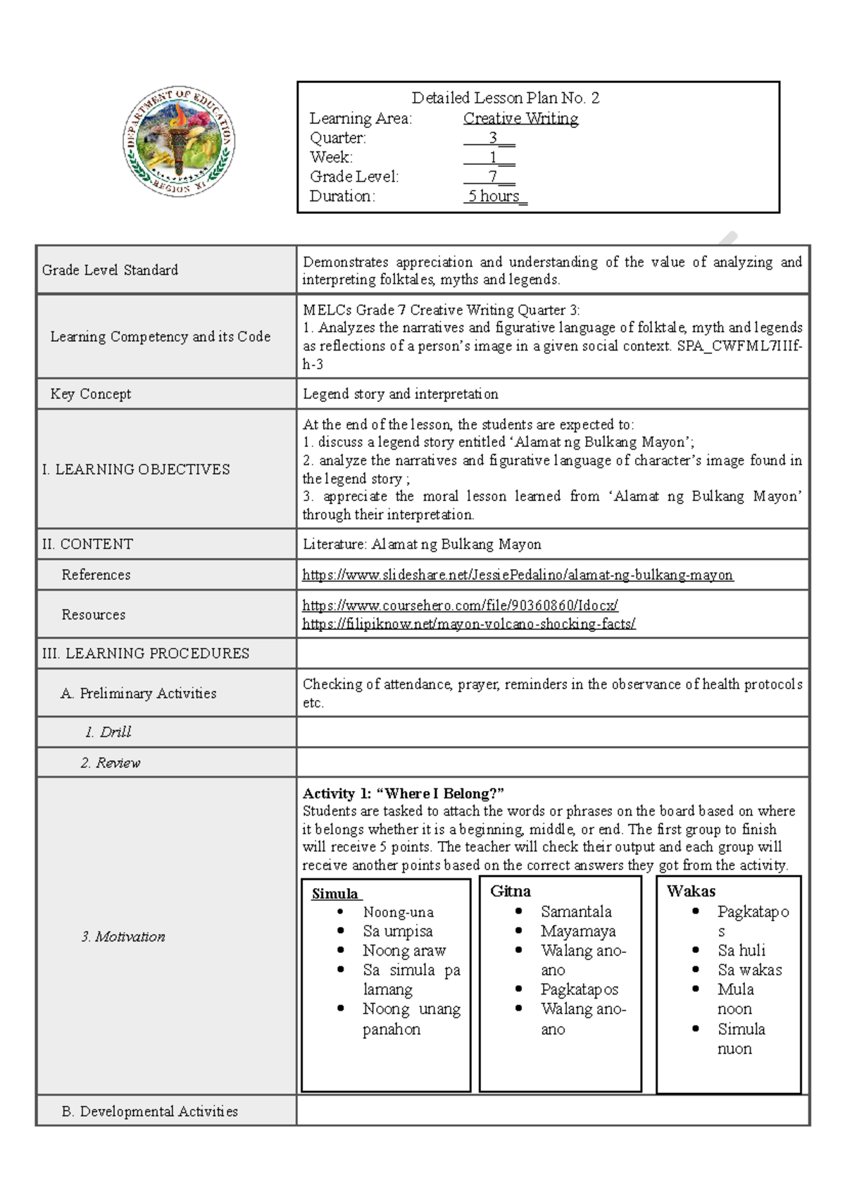 Creative Writing LP2 - lesson plan - Major in English - Studocu