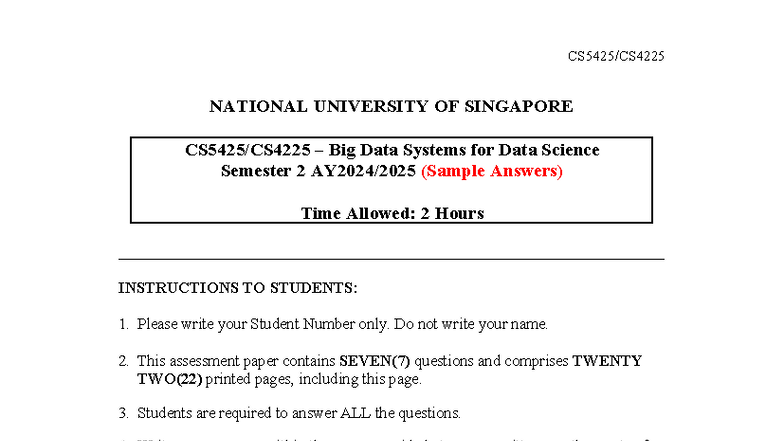 CS4225 AY2425 S2 Big Data Systems Final Exam Sample Answers - Studocu