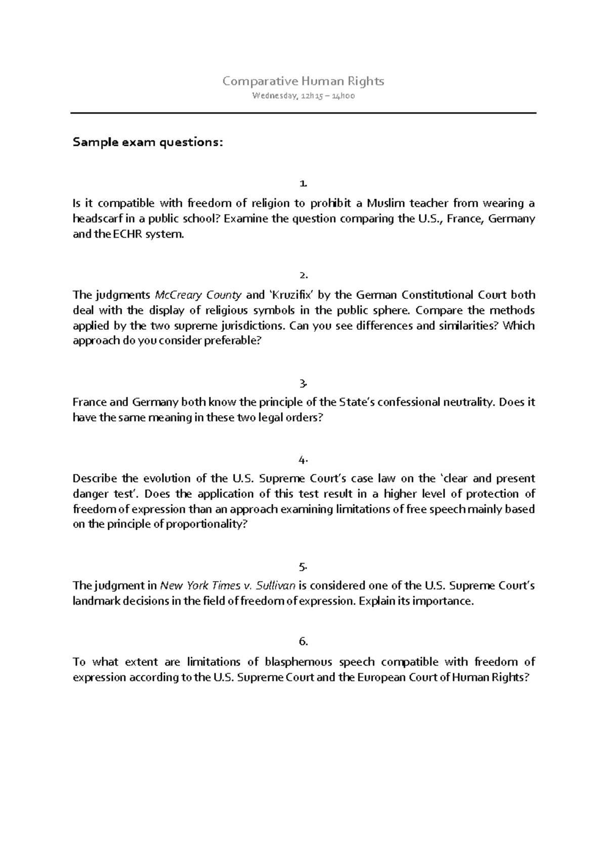 Comparative Human Rights Exam Questions (Sample) - Studocu