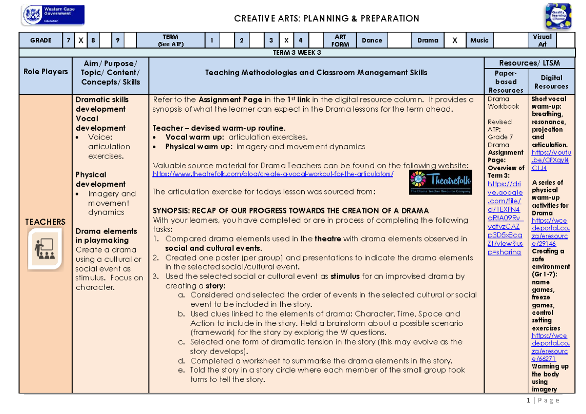 Lesson Plan: Gr 7 Creative Arts Drama T3 W3 - Developing Dramatic ...