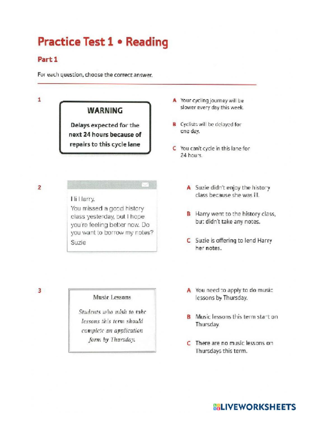 Practice Test 1: Reading Comprehension Questions (Worksheet 2282549 ...