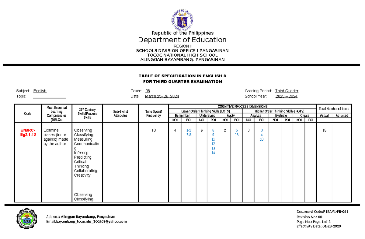 Table of Specifications for English 8 Third Quarter Exam - Studocu