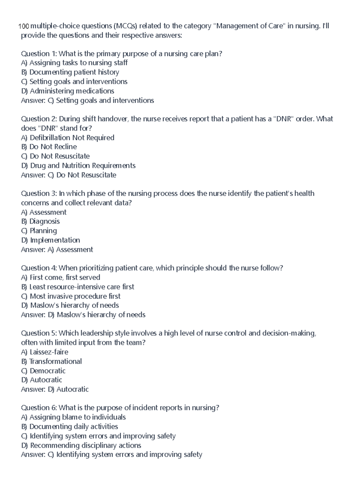 NCLEX-RN Nursing Exam: 100 MCQ Practice on Management of Care - Studocu