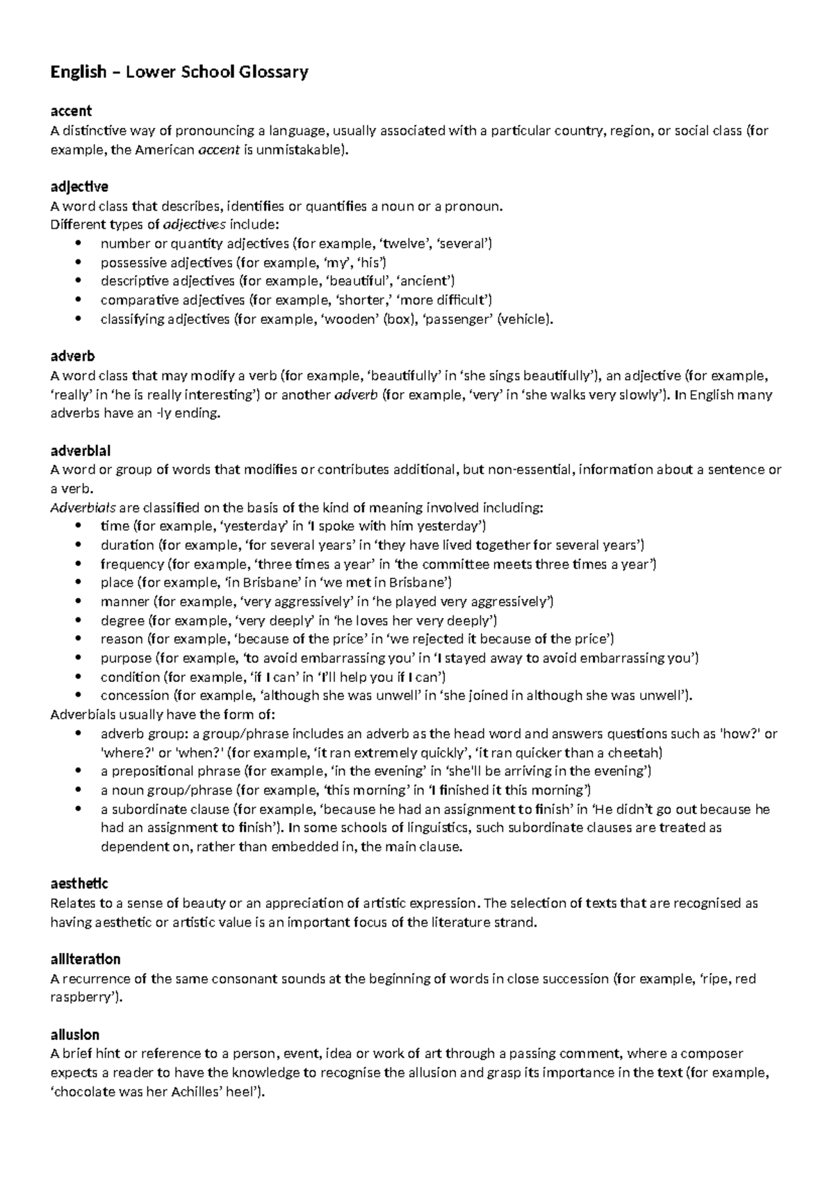 SCSA English Lower School Glossary: Key Terms Explained - Studocu