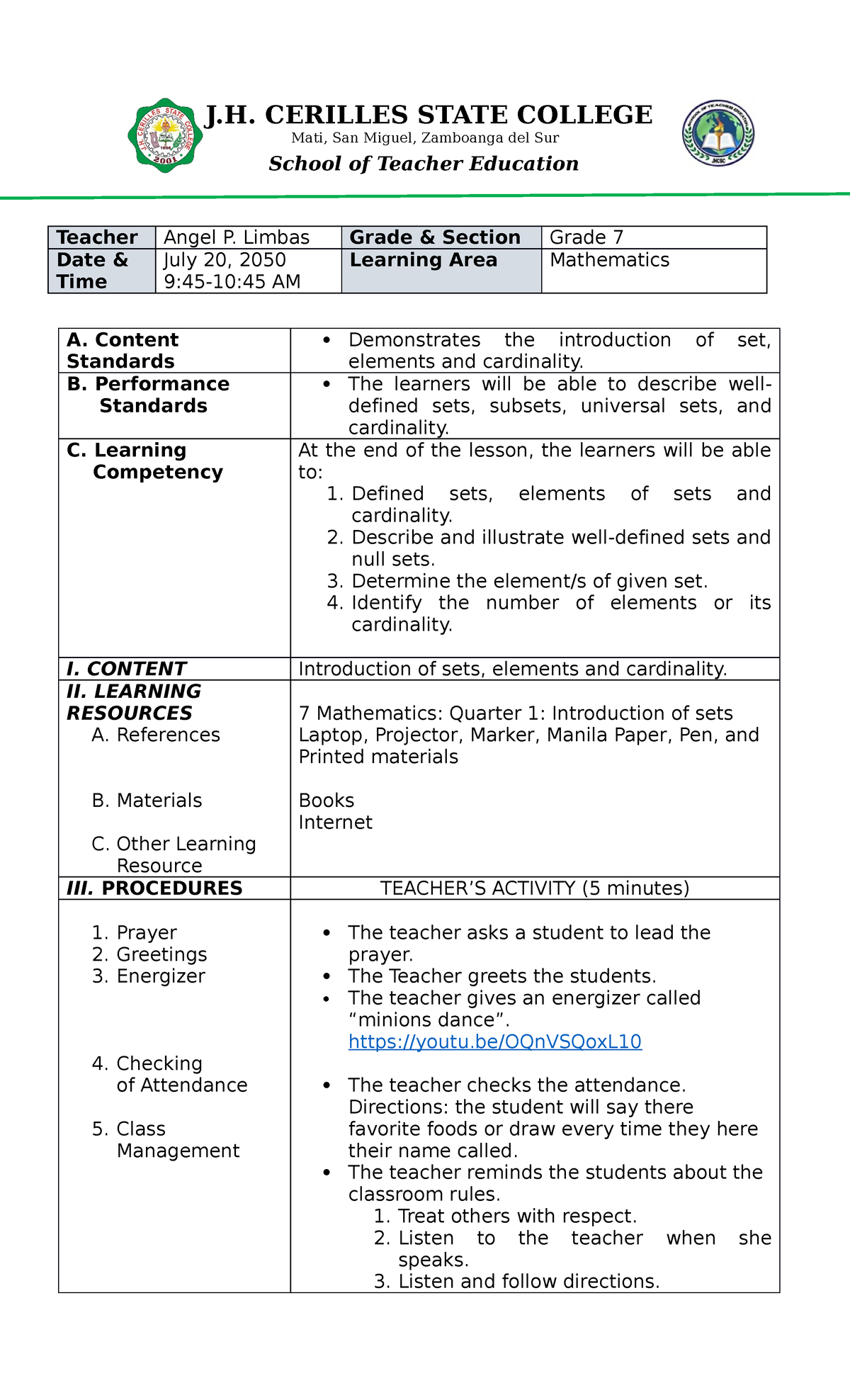BSEd Math II: Lesson Plan on Introduction to Sets and Cardinality - Studocu