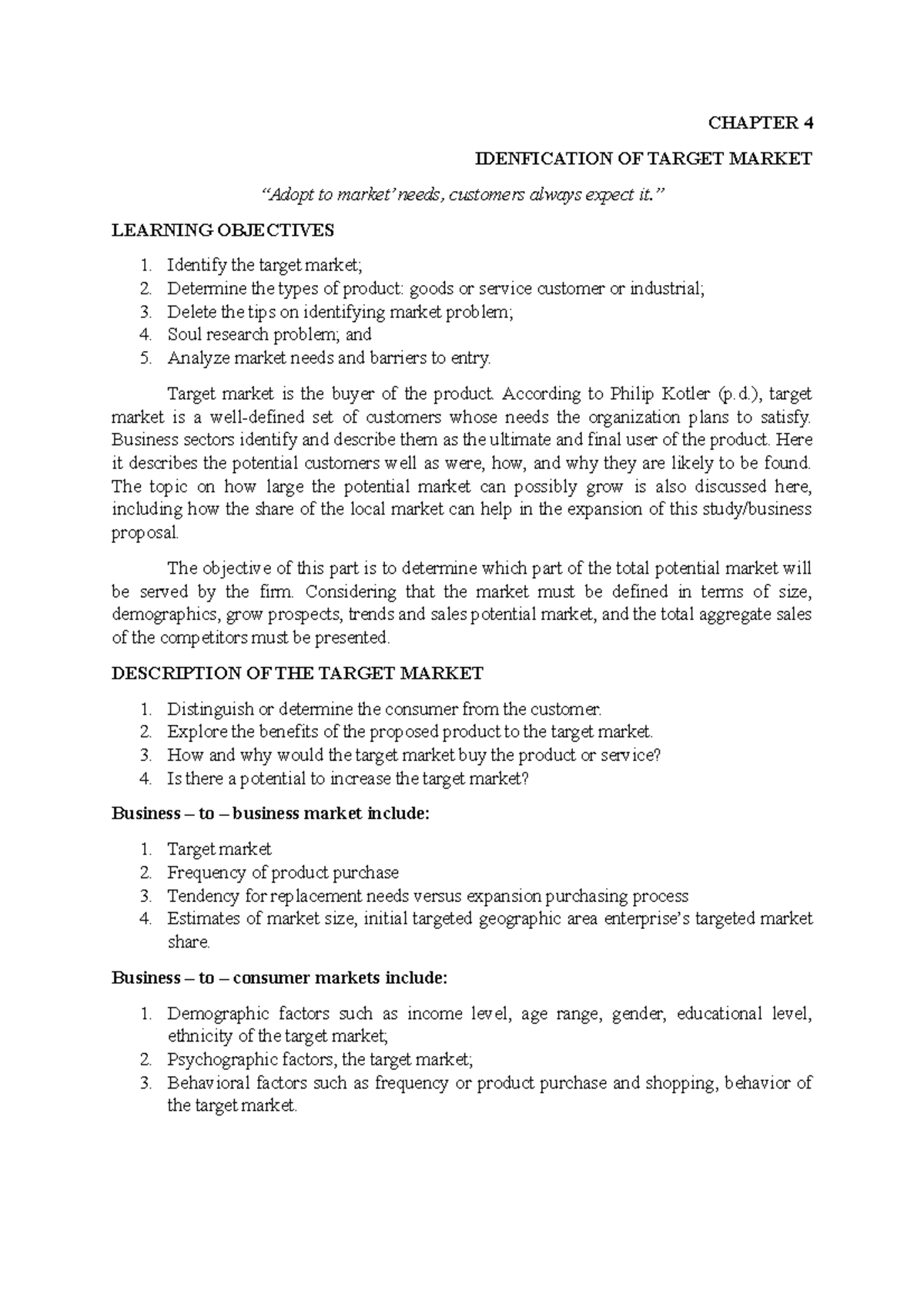 Chapter 4 - Identification of Target Market - CHAPTER 4 IDENFICATION OF ...