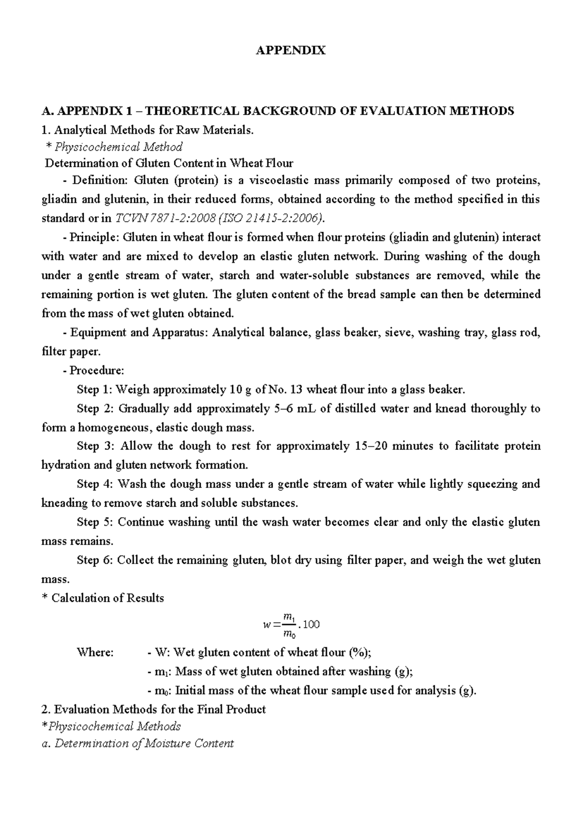 APPENDIX A: Evaluation Methods for Gluten Content in Wheat Flour - Studocu