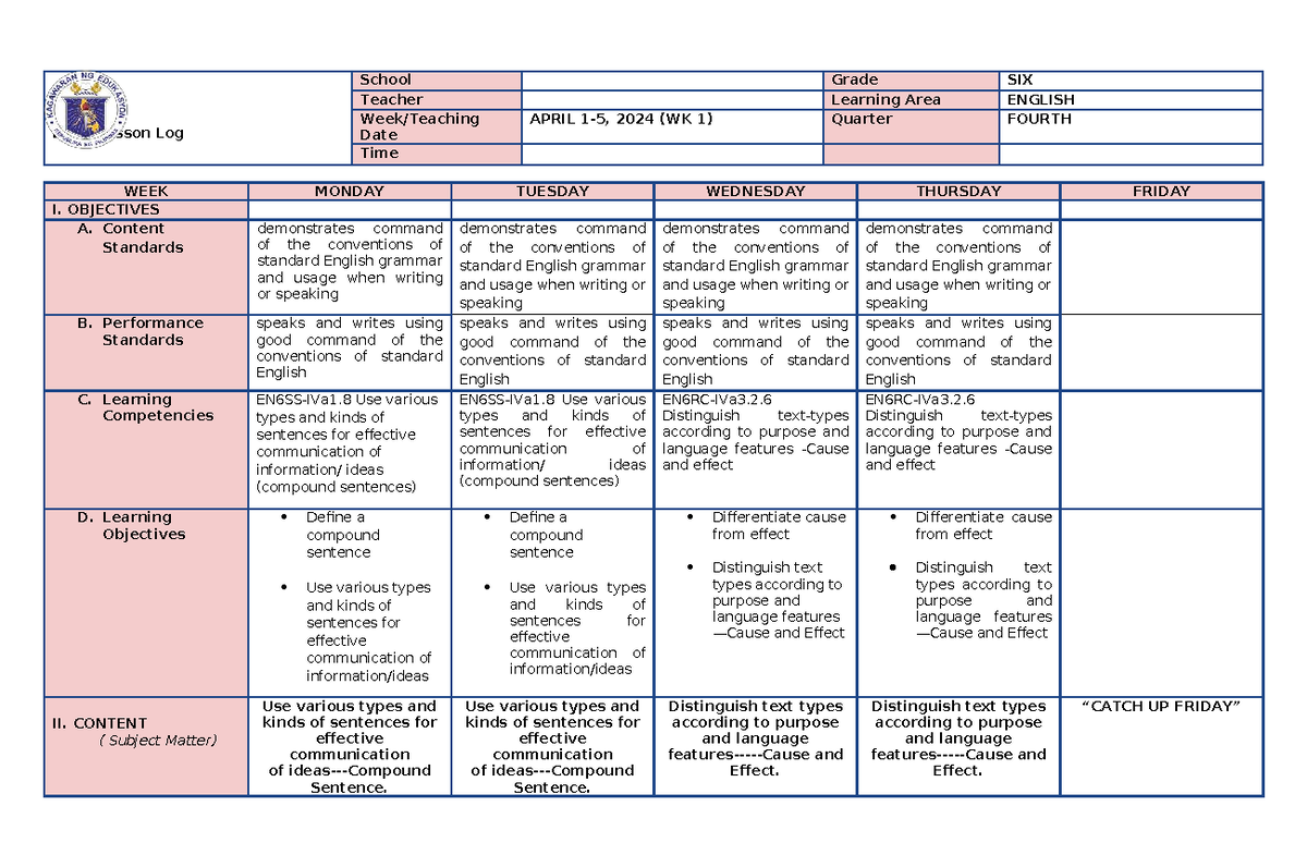 GR 6 DLL - English Daily Lesson Log: Week 1, Quarter 4 - Studocu