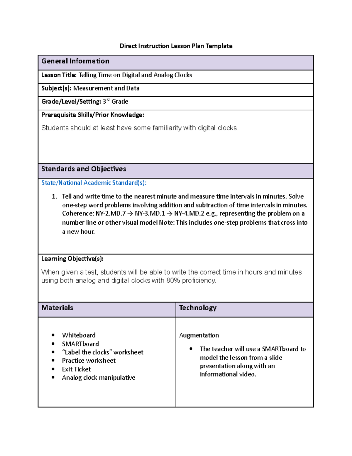 Curriculum Task 2 Lesson Plan - Direct Instruction Lesson Plan Template General Information ...