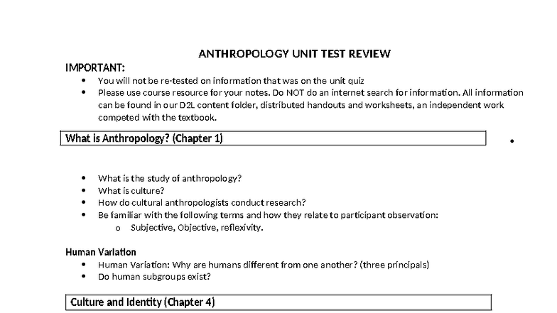 ANTH 101: Anthropology Unit Test Review 2024 - Studocu