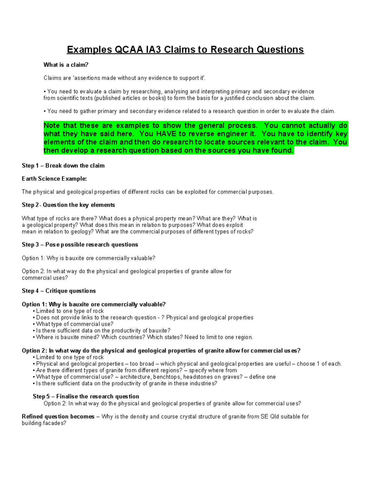 QCAA IA3 Example Claims & Research Questions Across Scientific Fields ...